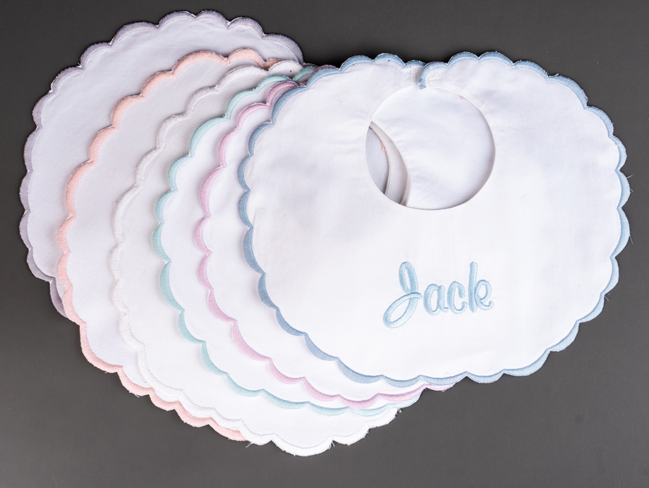#2200 SCALLOPED COTTON MONOGRAM BIBS – Edward Boutross, Inc